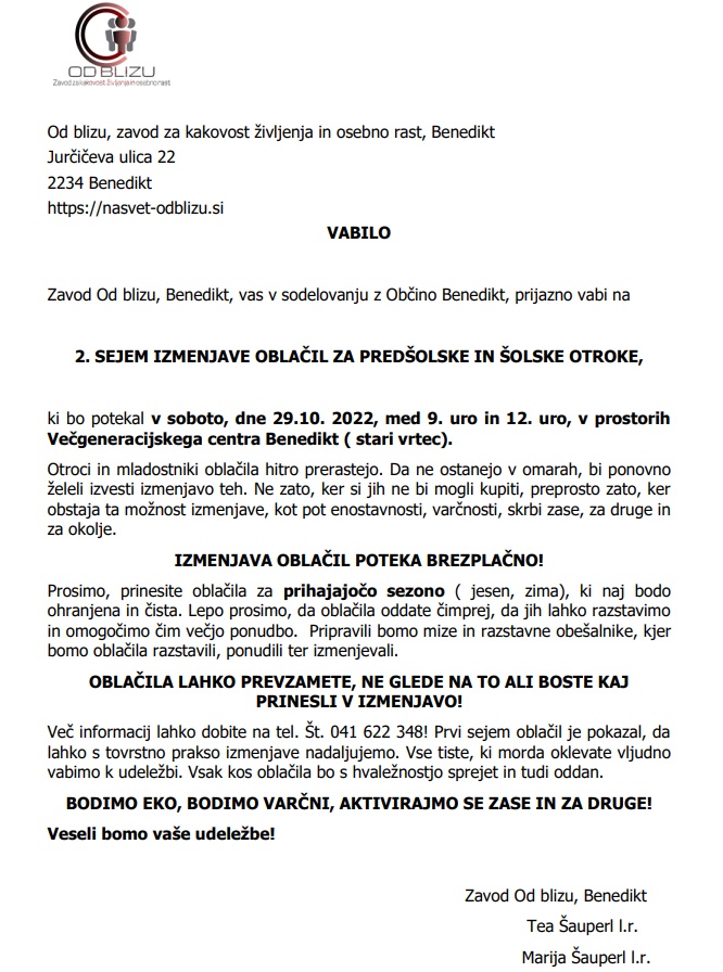 2. sejem izmenjave oblačil za predšolske in šolske otroke - benedikt.si